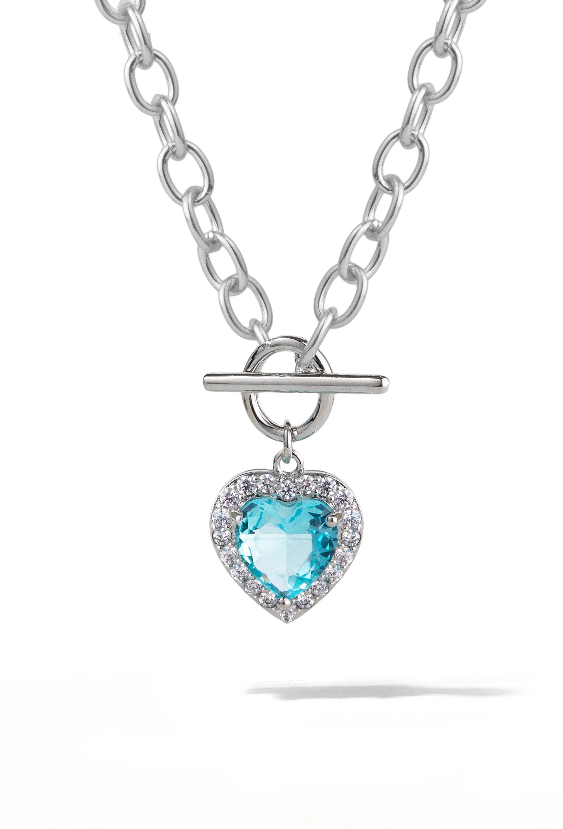 White Gold Heart Toggle Chain Necklace Featuring a Blue Crystal | By Oomiay – Oomiay Jewelry
