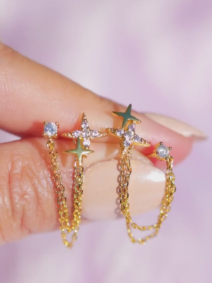 Double Connecting Linked Earrings with White Cubic Zirconia by Oomiay